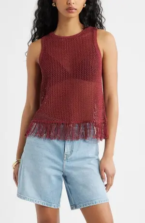 OPEN EDIT Fringe Cropped Sweater - Red Ruby