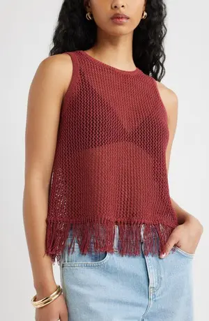 OPEN EDIT Fringe Cropped Sweater - Red Ruby