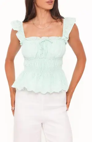 PETAL & PUP Melissa Cotton Peplum Top With Square Neckline And Ruffled Straps - Sage