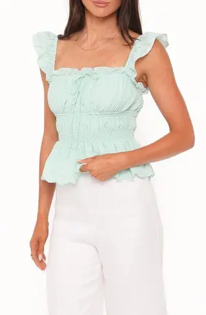 PETAL & PUP Melissa Cotton Peplum Top With Square Neckline And Ruffled Straps - Sage