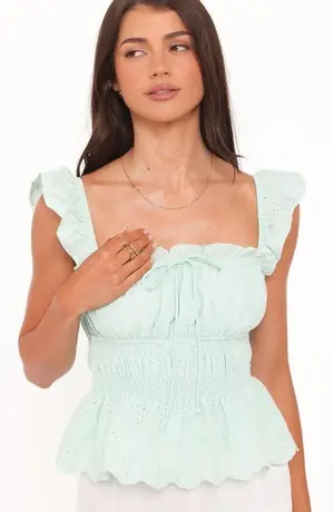 PETAL & PUP Melissa Cotton Peplum Top With Square Neckline And Ruffled Straps - Sage