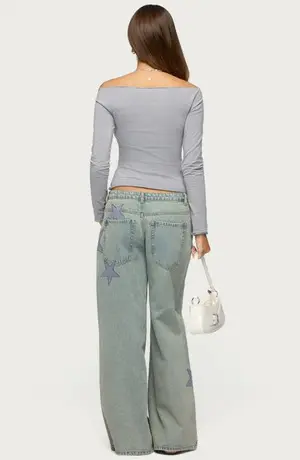 EDIKTED Trish Stars Low Rise Wide Leg Jeans