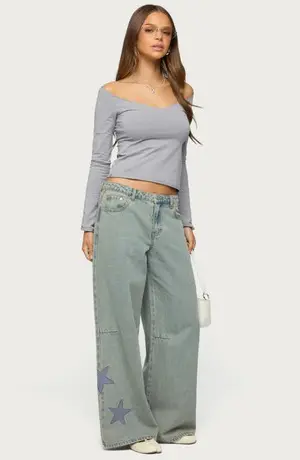 EDIKTED Trish Stars Low Rise Wide Leg Jeans