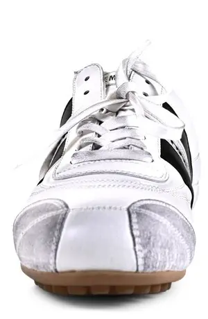 BIKKEMBERGS Distressed Leather Low Top Sneakers With Contrast Stripes
