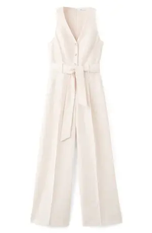 Mango Sleeveless Belted Linen Jumpsuit - Ecru