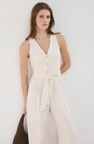 Mango Sleeveless Belted Linen Jumpsuit - Ecru