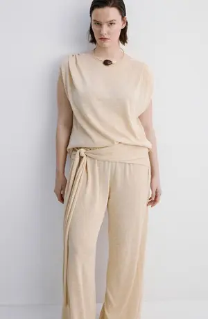 Mango Wide Leg Knit Pants With Knotted Sash
