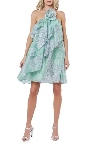CIEBON Kaia Tiered Printed Halter Minidress - Green Multi