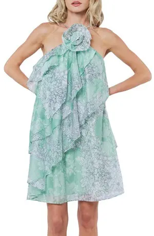 CIEBON Kaia Tiered Printed Halter Minidress