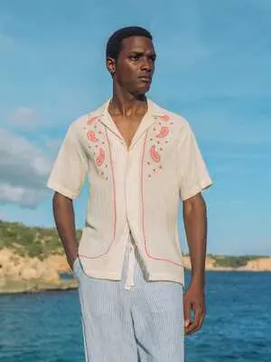 Orlebar Brown White Sand Maitan Embroidered Shirt - Red