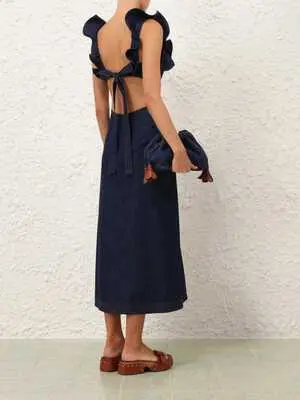 Zimmermann Ink Aster Denim Frill Midi Dress - Blue