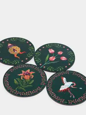 La DoubleJ Flora & Fauna Cork Coaster Set Of 4 - Green