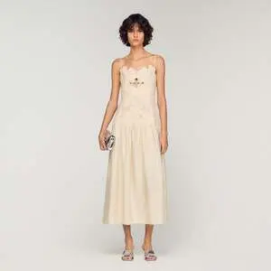 Sandro Guipure Lace Midi Dress With Bustier Top And Peplum Skirt