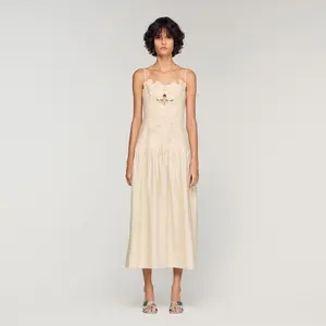 Sandro Guipure Lace Midi Dress With Bustier Top And Peplum Skirt