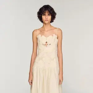 Sandro Guipure Lace Midi Dress With Bustier Top And Peplum Skirt