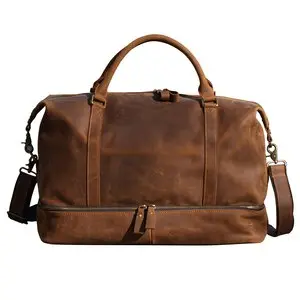 TOURI Leather Duffle Bag With Suit Compartment - Brown