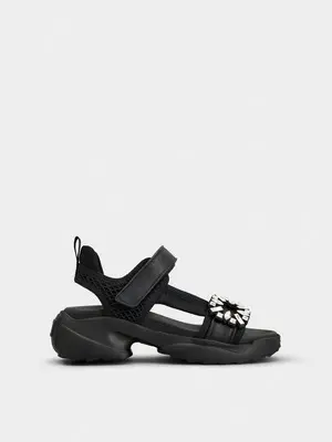 ROGER VIVIER Viv' On The Run Leather And Mesh Sandals With Crystal Buckle