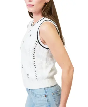Central Park West Jaden Embroidered Cable Shell Sweater - White Ivory