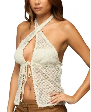 EDIKTED Sheer Net Sequin Split Front Top