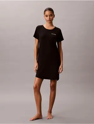 Calvin Klein Viscose Cotton Blend Night Shirt With Allover Logo Print - Black