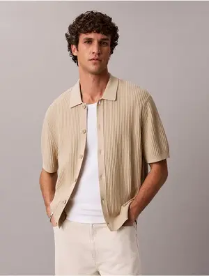Calvin Klein Ribbed Knit Short Sleeve Button-down Shirt - White Pepper