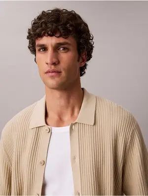 Calvin Klein Ribbed Knit Short Sleeve Button-down Shirt - White Pepper