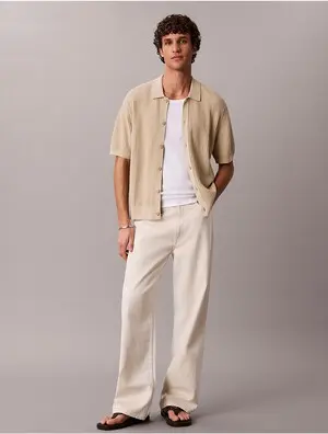 Calvin Klein Ribbed Knit Short Sleeve Button-down Shirt - White Pepper