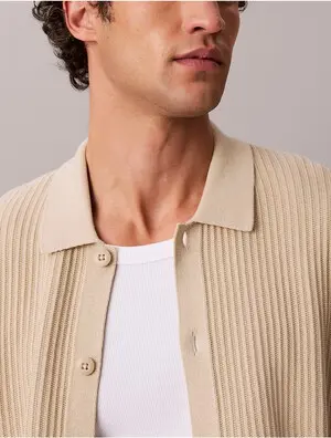 Calvin Klein Ribbed Knit Short Sleeve Button-down Shirt - White Pepper