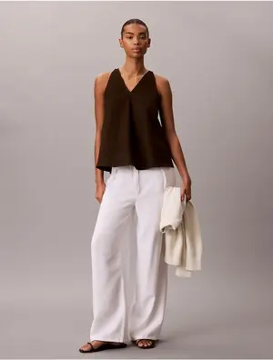Calvin Klein Linen Blend Sleeveless V-neck Top With Tie Back - Dark Coffee