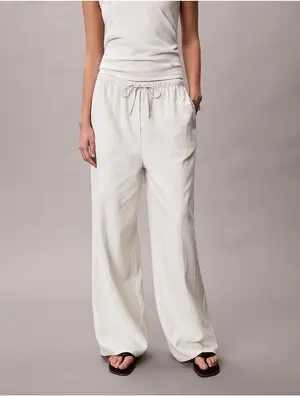 Calvin Klein Linen Blend Drawstring Wide Leg Pants - Chalk