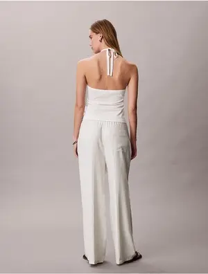 Calvin Klein Linen Blend Drawstring Wide Leg Pants - Chalk