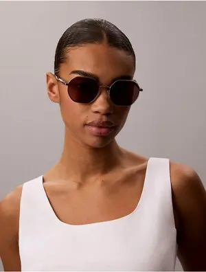 Calvin Klein Metal Modified Octagon Frame Sunglasses - Matte Silver