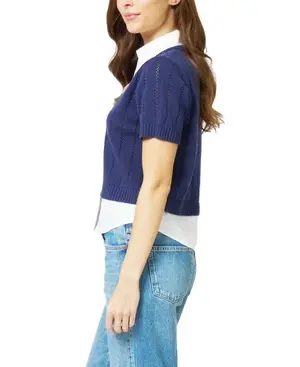 Central Park West Kendall Short Sleeve V-neck Sweater - Navy Blue