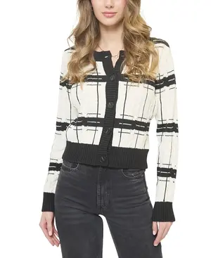 Central Park West Eden" Specialty Stitch Cardigan With Plaid Print - Ivory-multi-stripe