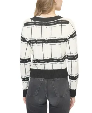 Central Park West Eden" Specialty Stitch Cardigan With Plaid Print - Ivory-multi-stripe