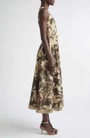 Oscar De La Renta Chiné Palm Leaves Print Sleeveless Dress - Espresso/ivory