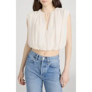 FRAME The Wave Tie Neck Silk Top - Cream