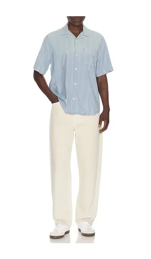 CORRIDOR Striped Seersucker Short Sleeve Shirt In Blue - Indigo
