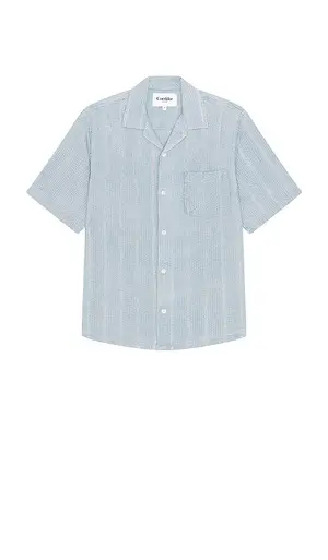 CORRIDOR Striped Seersucker Short Sleeve Shirt In Blue - Indigo
