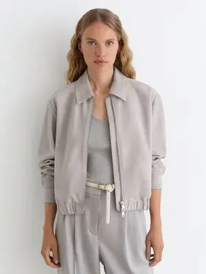 REISS Cropped Suede Bomber Jacket - Light Grey