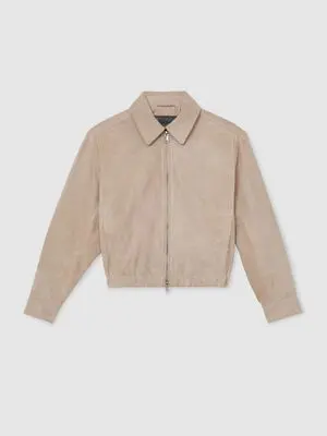 REISS Cropped Suede Bomber Jacket - Neutral