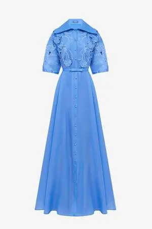 LEO LIN Junia Appliqué Puff Sleeve Silk Gown - Azure