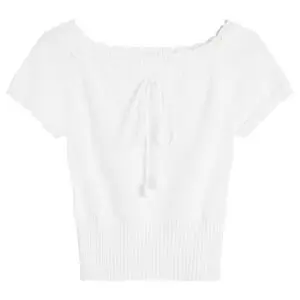 MY MUM MADE IT Lace Knit Off-shoulder Top With Crochet Flower Ties - White