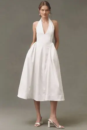 Bhldn Halter-neck Satin Fit-and-flare Maxi Dress - Cloud Dancer
