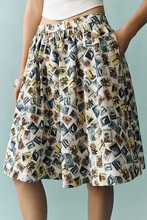 Maeve Jacie Poplin Printed Midi Skirt - Blue Pattern