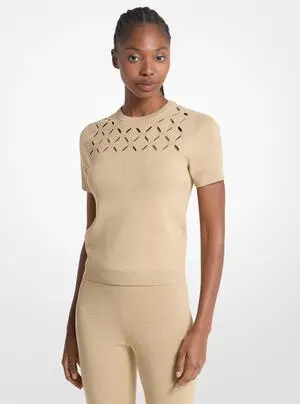 Michael Kors Laser Cut Metallic Stretch Knit Top - Gold