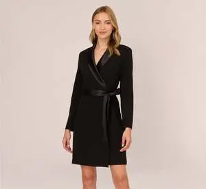 Adrianna Papell Long Sleeve Crepe Dress With Tuxedo Collar And Belted Waist - Black