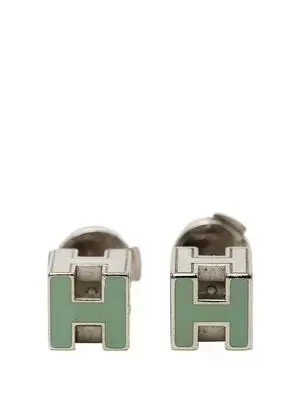 Hermès Palladium Plated Enamel "dh Cube" Push Back Earrings - Green