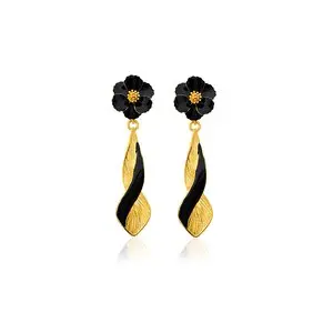 MILOU JEWELRY Gold Infinity Drop Earrings With Enamel Flower Motif - Black