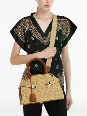 FERRAGAMO Hug Handbag In Raffia And Calfskin - Neutrals